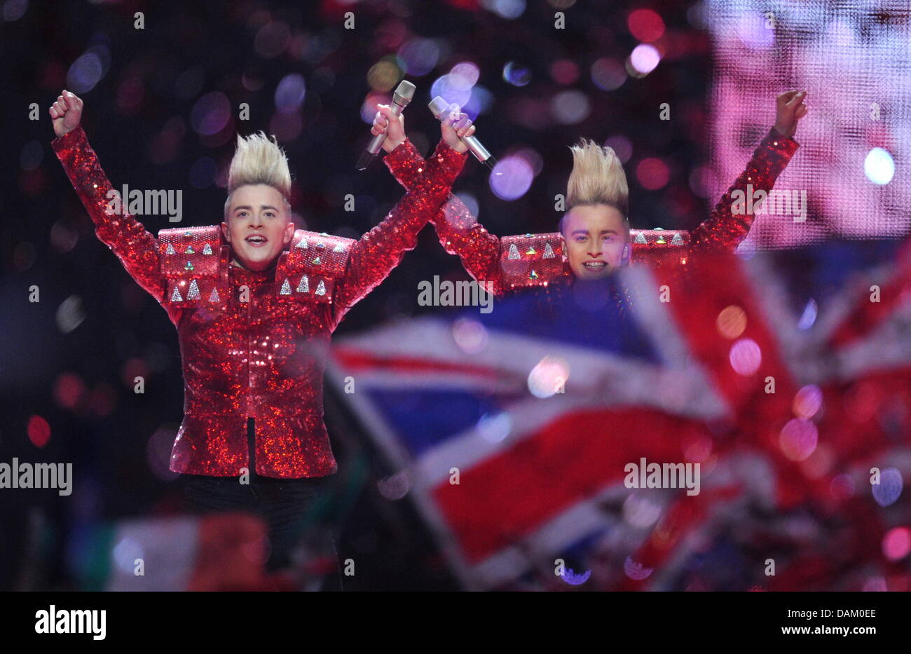 Twins John and Edward Grimes of Jedward representing Ireland perform ...