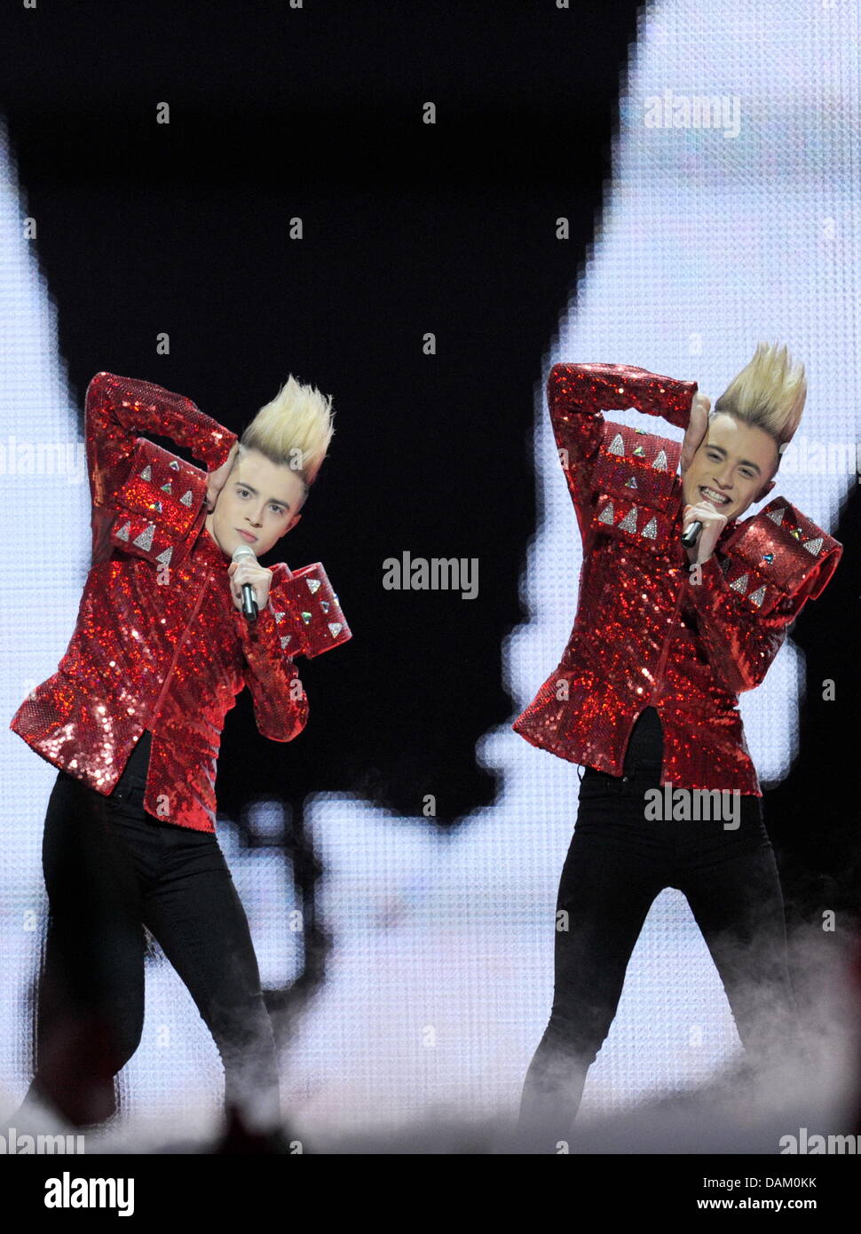 Twins John and Edward Grimes of Jedward representing Ireland perform ...