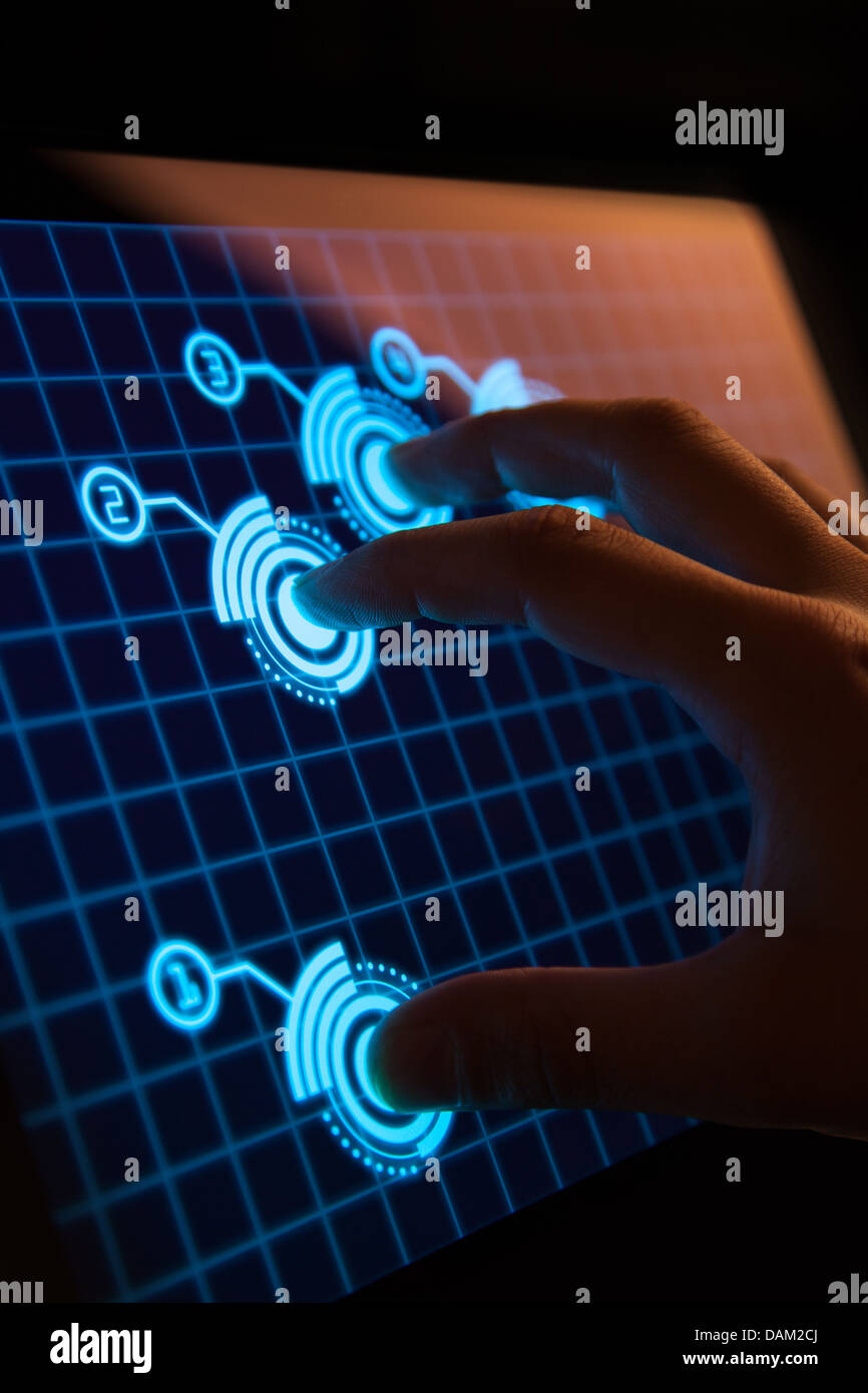 Man hand touching display with futuristic interface, technology concept ...