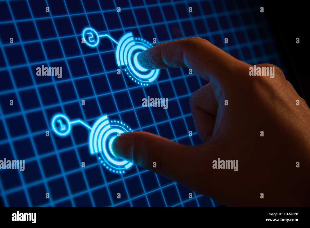 Man hand touching screen with high-tech interface, technology concept ...