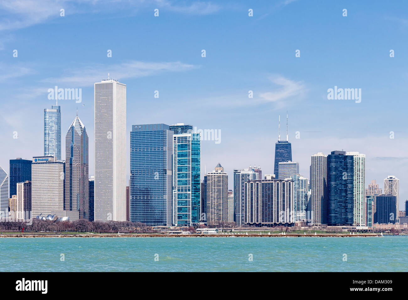 USA, Illinois, Chicago, View of skyline with Lake Michigan Stock Photo ...