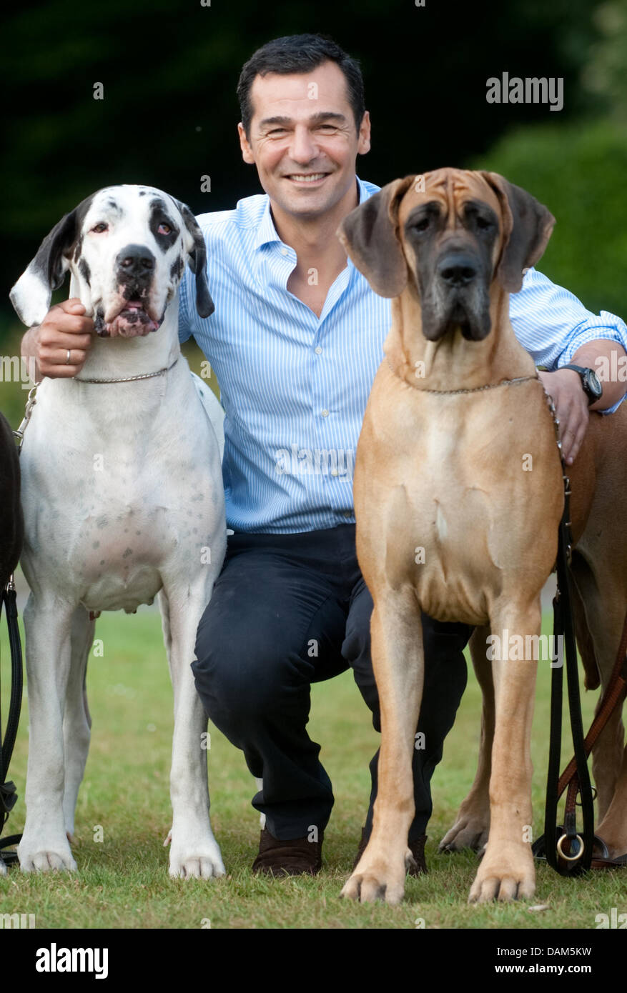 Actor Erol Sander sits between two Great Danes in Dortmund, Germany, 24 ...