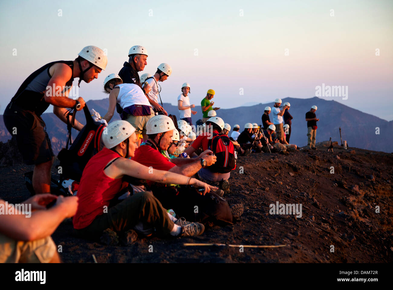People climbing and hikers in trekking activity on Stromboli, active ...