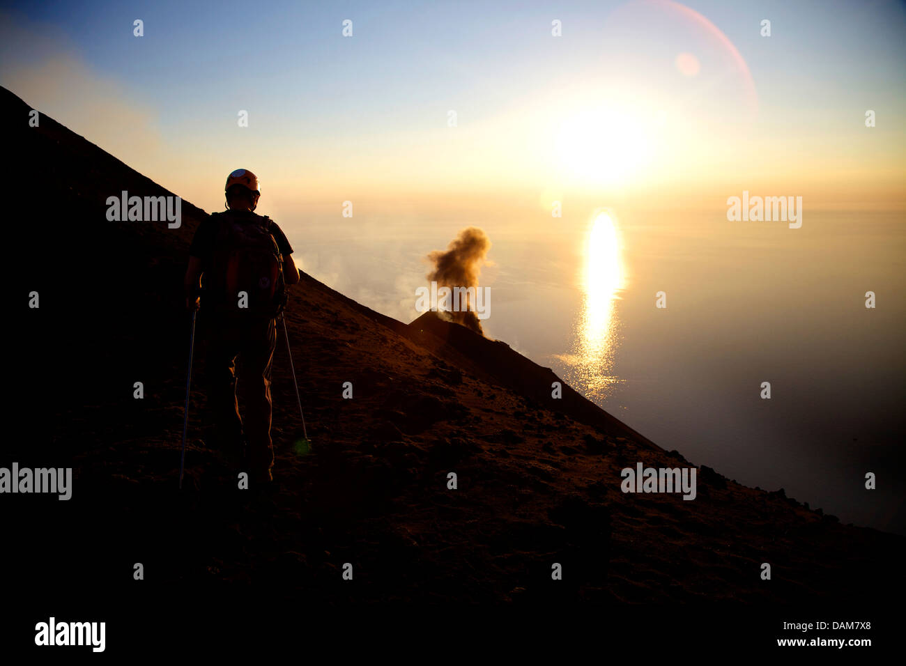 People climbing, hikers in trekking activity on Stromboli, active ...