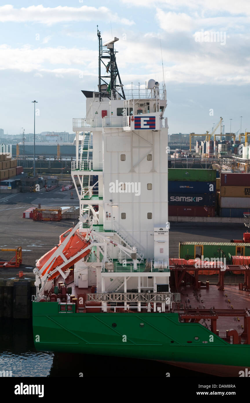 White painted superstructure of a container ship docked on Dublin Port ...