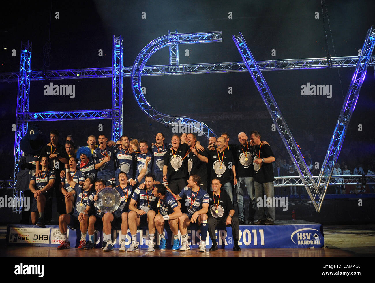 Players of HSV Hamburg celbrate the German Handball Championship win ...