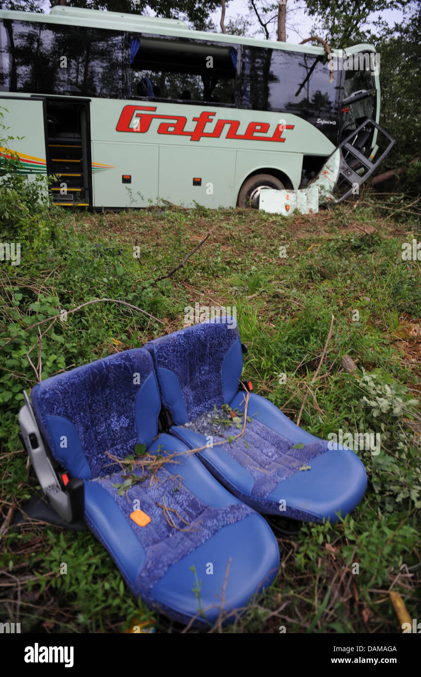 After the bus accident the destroyed bus stands at the Autobahn A5 near ...