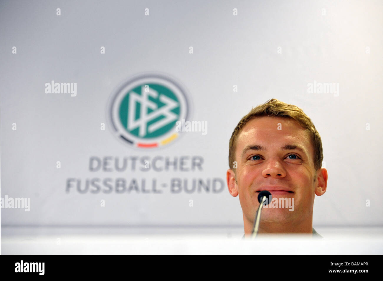 German national soccer team's goalkeeper Manuel Neuer speaks during a ...