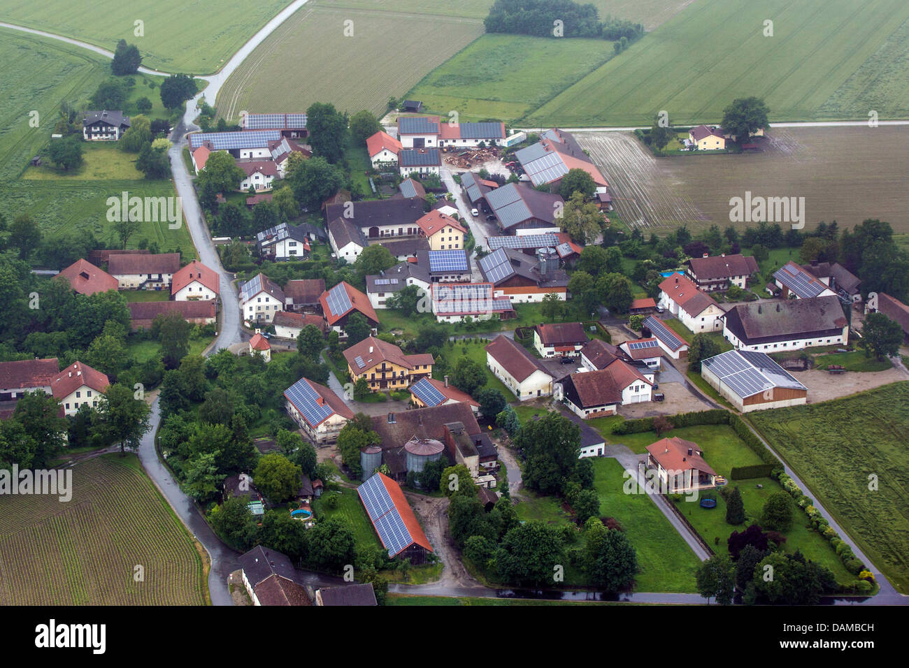 aerial view to village with many solar roofs, Germany, Bavaria ...