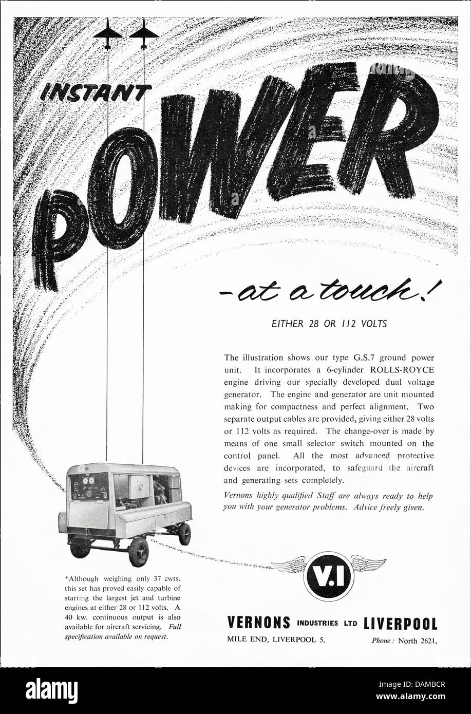 Advert for electrical generator aircraft ground power unit Vernons ...
