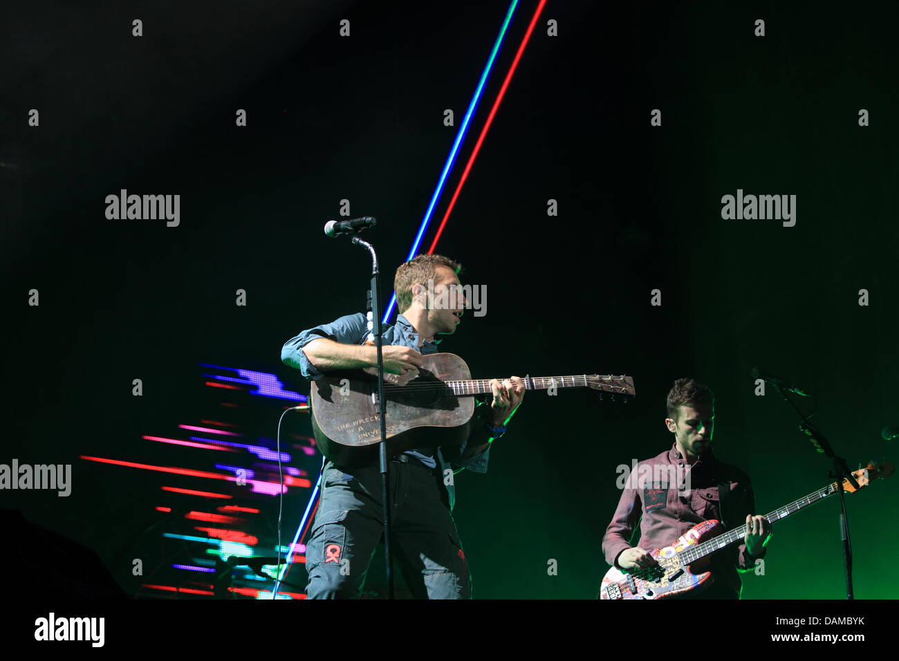 Chris Martin (L), frontman of the British rock band 'Coldplay' performs ...