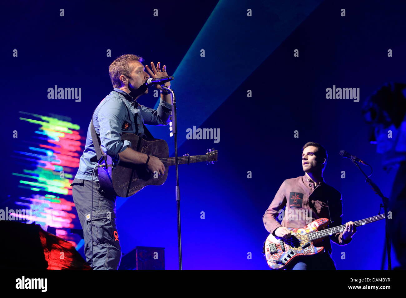 Chris Martin (L), frontman of the British rock band 'Coldplay' performs ...