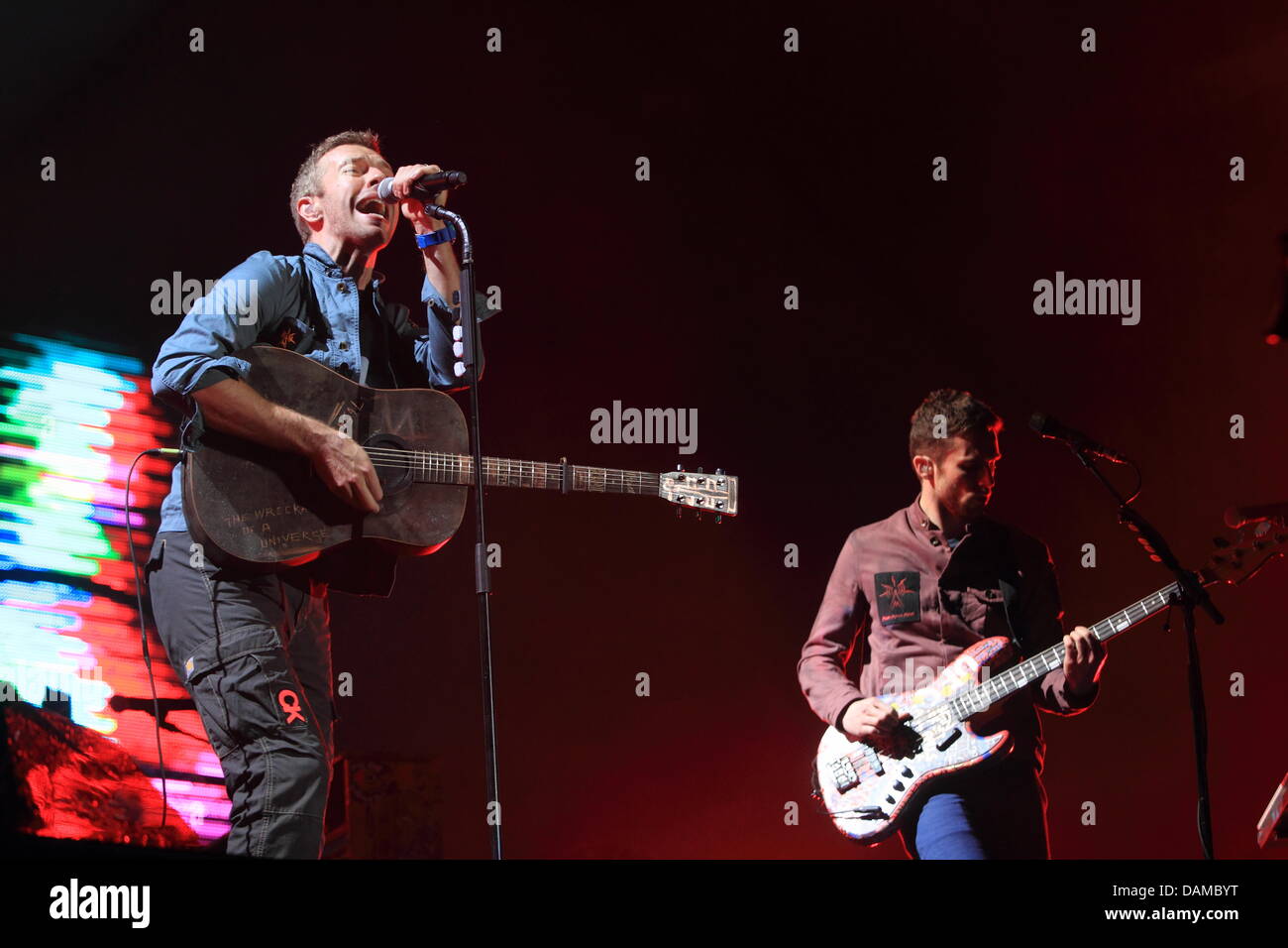 Chris Martin (L), frontman of the British rock band 'Coldplay' performs ...