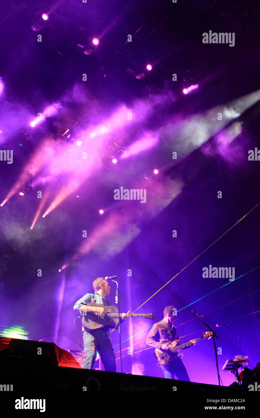 Chris Martin (L), frontman of the British rock band 'Coldplay' performs ...