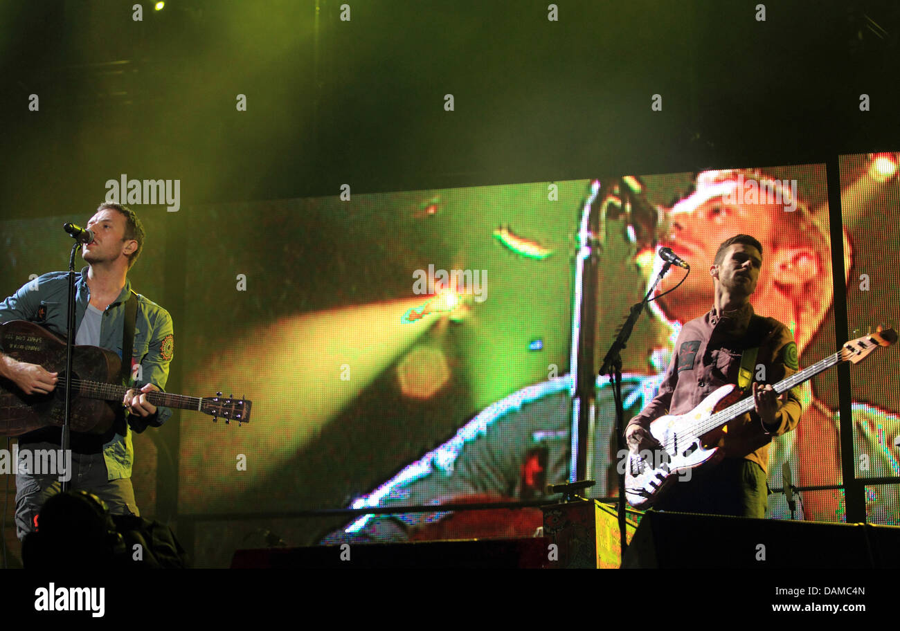 Chris Martin (L), frontman of the British rock band 'Coldplay' performs ...