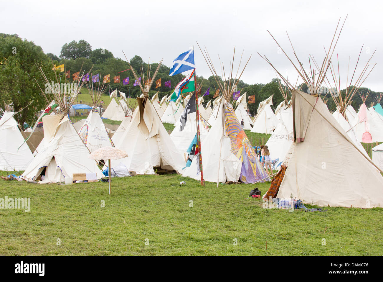 Tipi or Tee pee field at the Glastonbury Festival 2013. Somerset ...