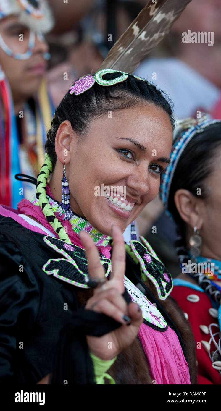 US Cherokee indian Shea Keck shows a victory sign at the Karl-May ...
