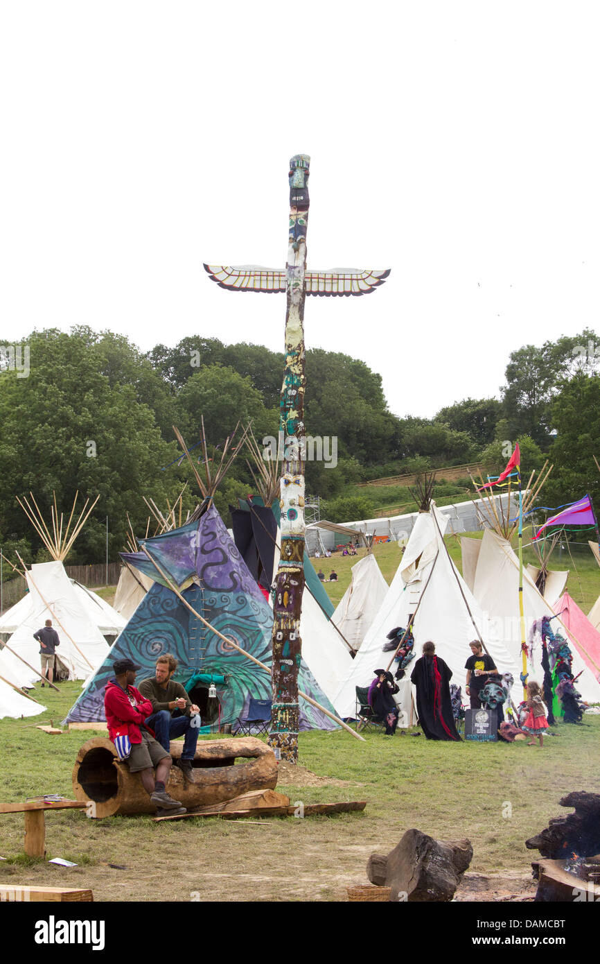 Tipi or Tee pee field at the Glastonbury Festival 2013. Somerset ...