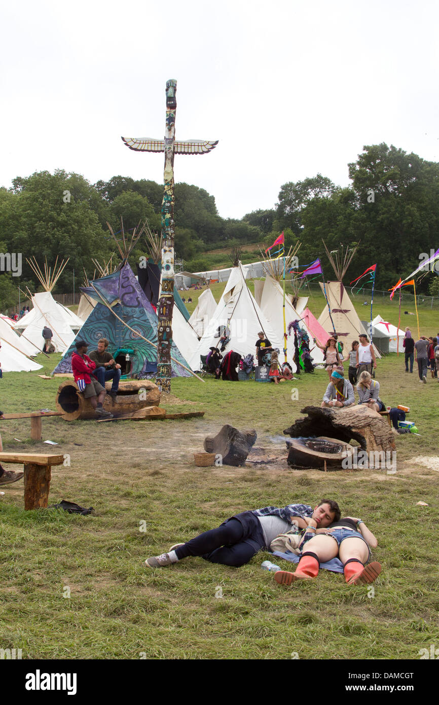 Tipi or Tee pee field at the Glastonbury Festival 2013. Somerset ...