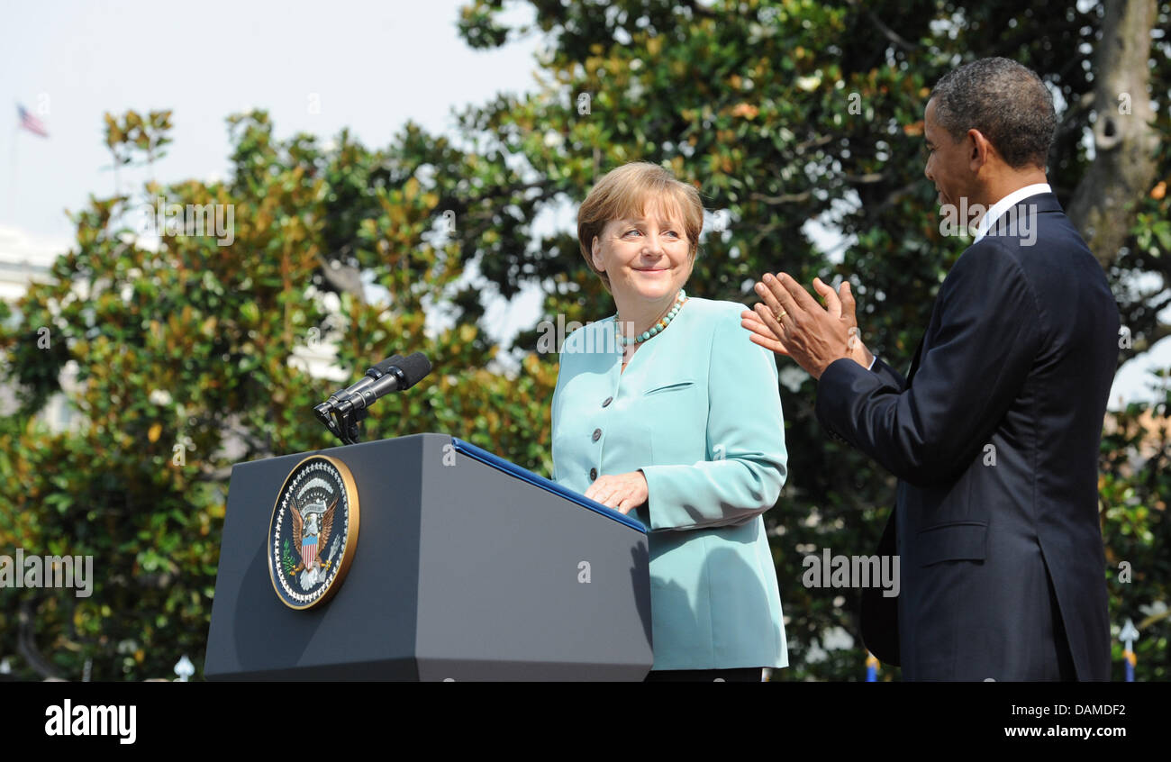 German Chancellor Angela Merkel speaks in front of the White house ...