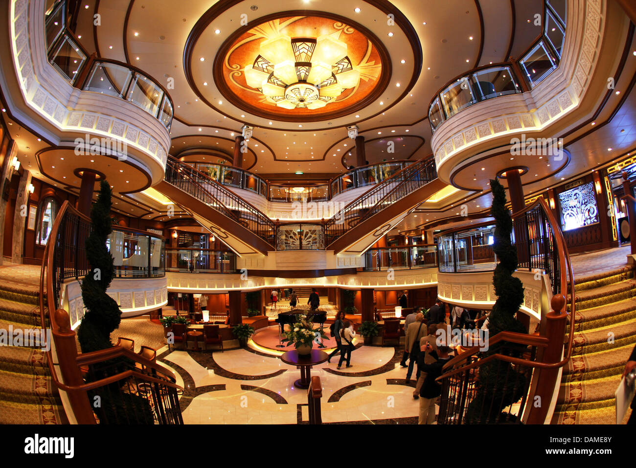 The entrance hall is pictured onboard the 'Queen Elizabeth' at the ...