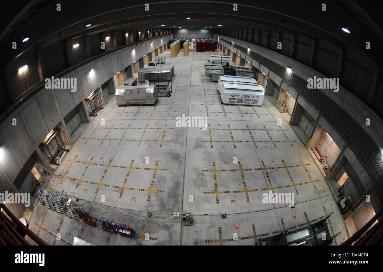 Containers with highly radioactive waste (back) and transportation ...