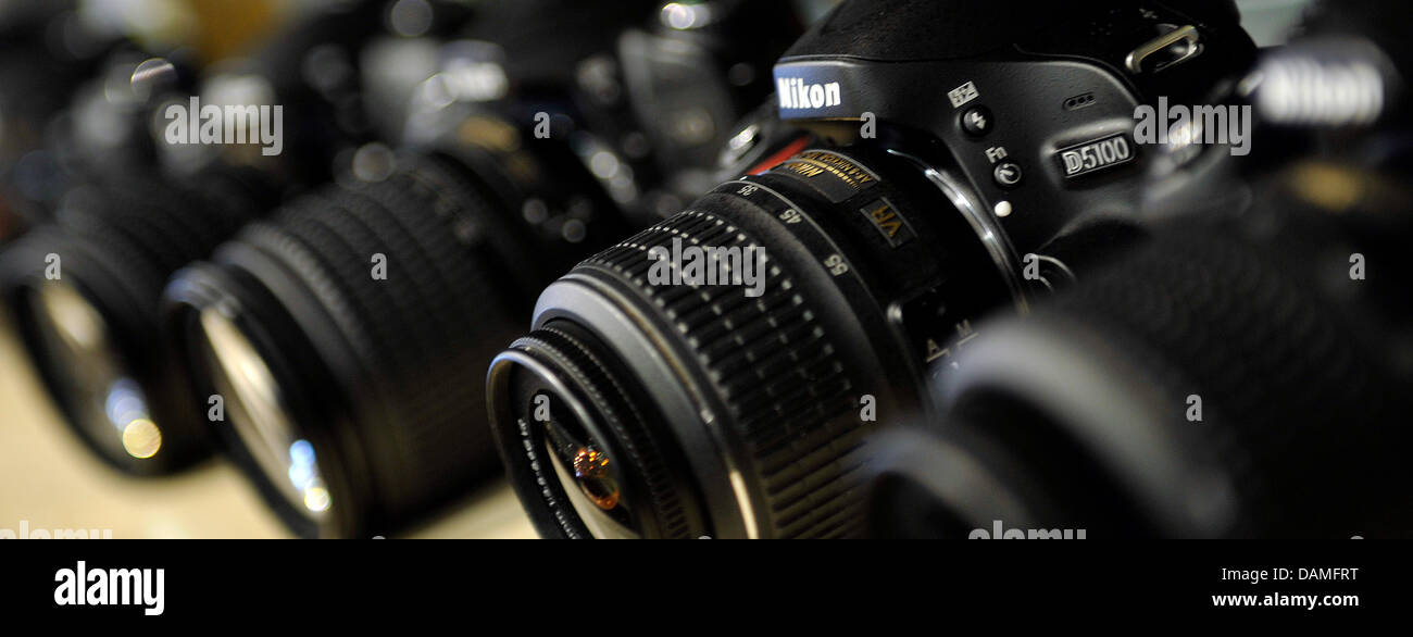 A row of Nikon cameras are on display on a shelf in a photo shop in ...