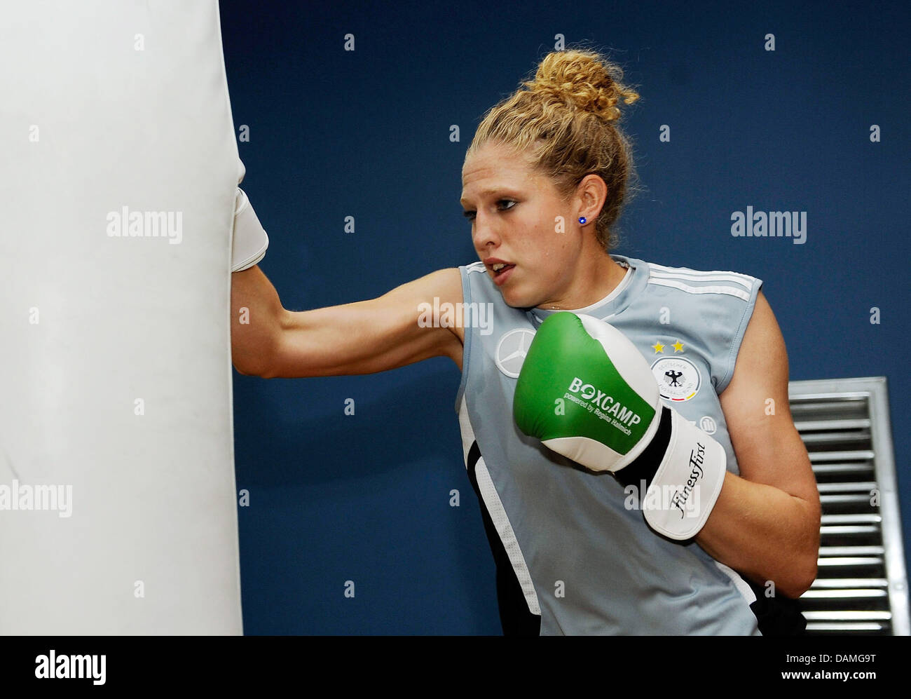 Kim Kulig of the German national soccer team punches a sack during a ...