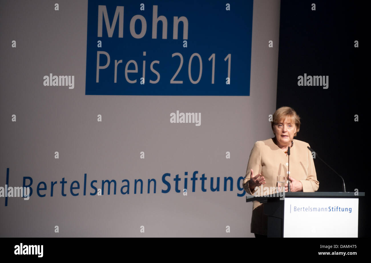 Chancellor Angela Merkel gives the official speech at the awarding ...