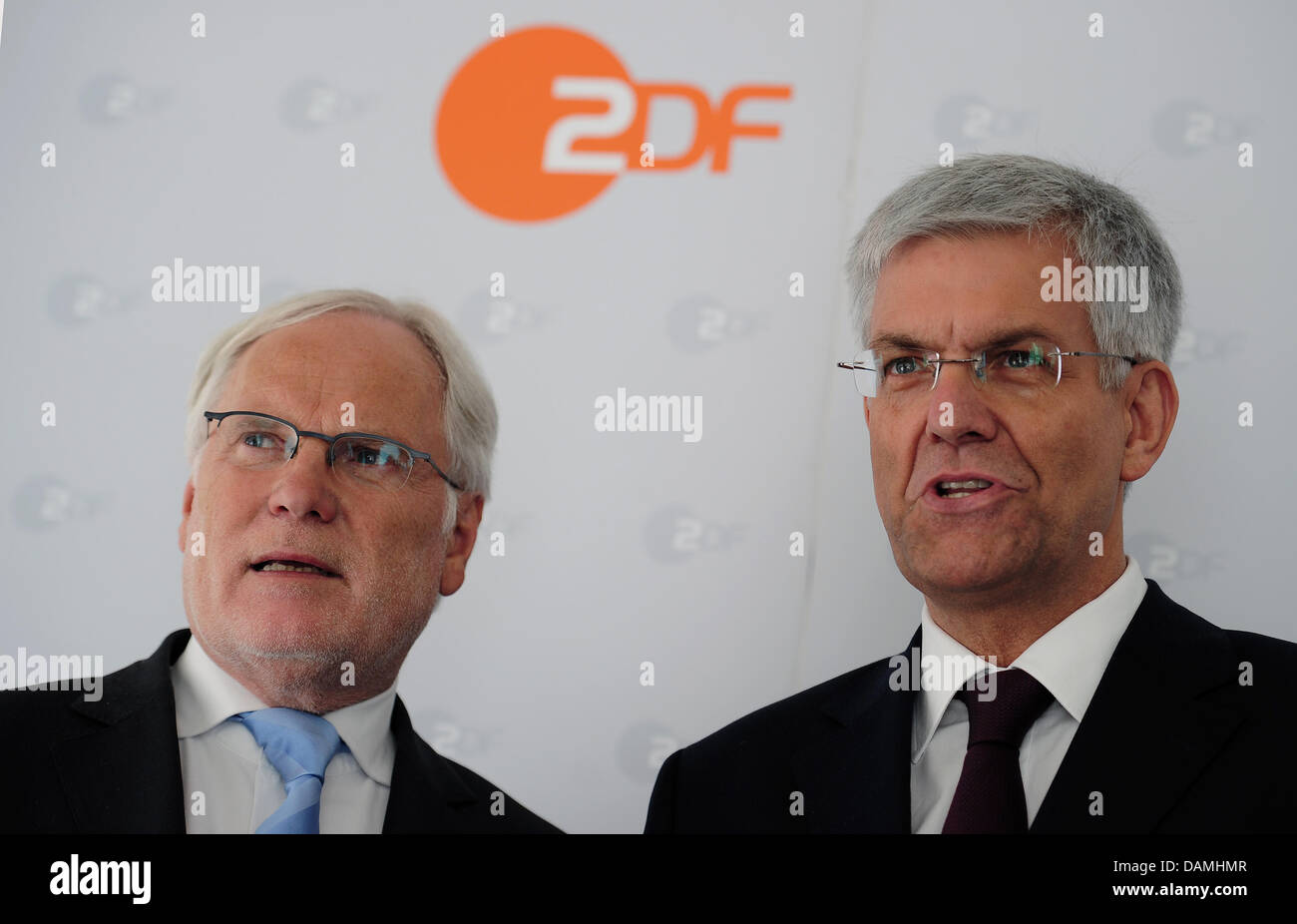 The new director of the TV channel ZDF, Thomas Bellut (R), and his ...