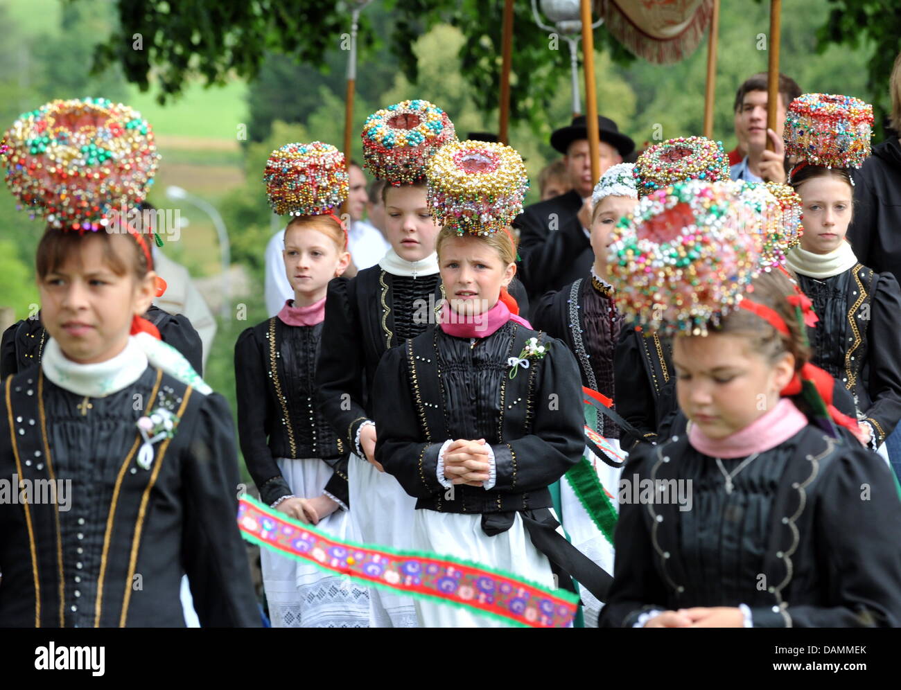 A group of young girls wearing so-called Schaeppeln, a traditional ...