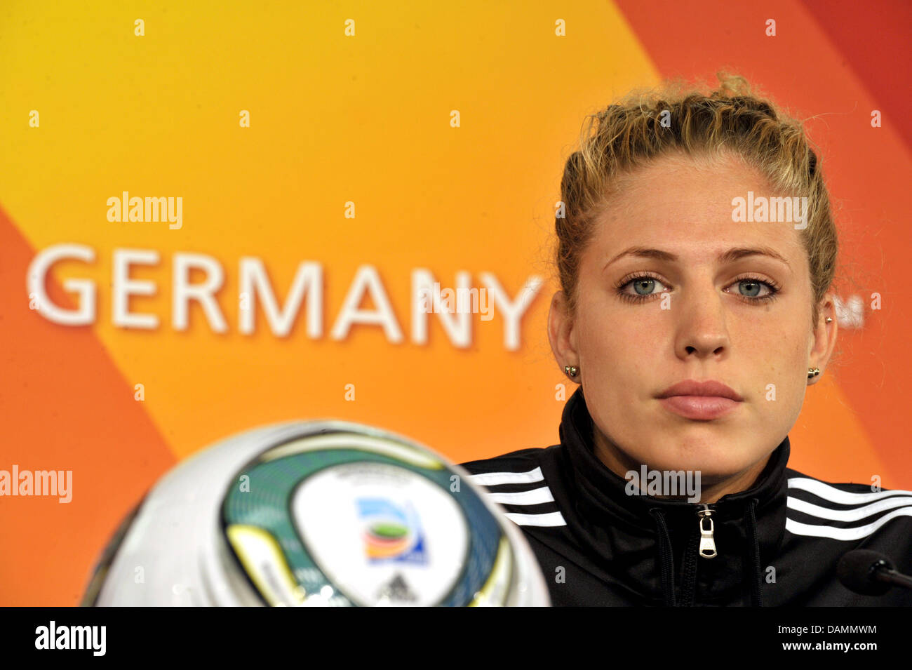 German national soccer player Kim Kulig speaks at a press conference ...