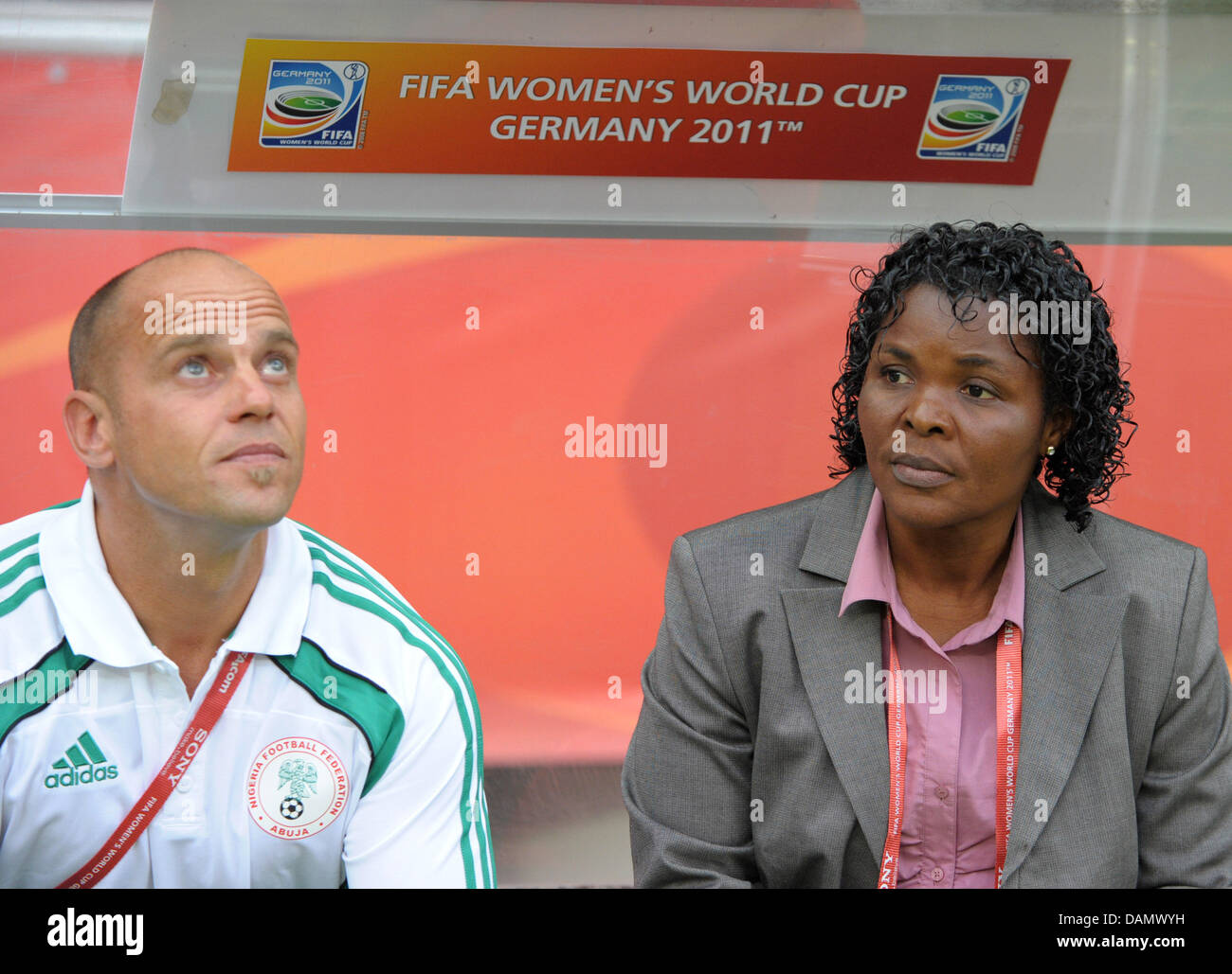 Head coach Ngozi Eucharia Uche (R) of Nigeria and sports counsellor of the Nigerian women's ...