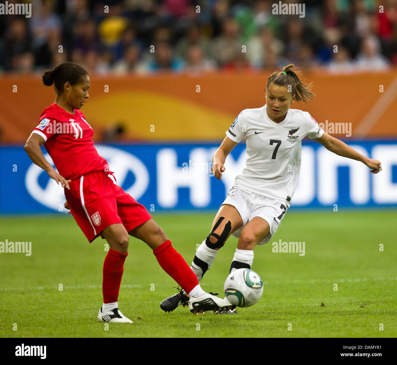 Ali Riley (R) of New Zealand and Rachel Yankey of England during the ...
