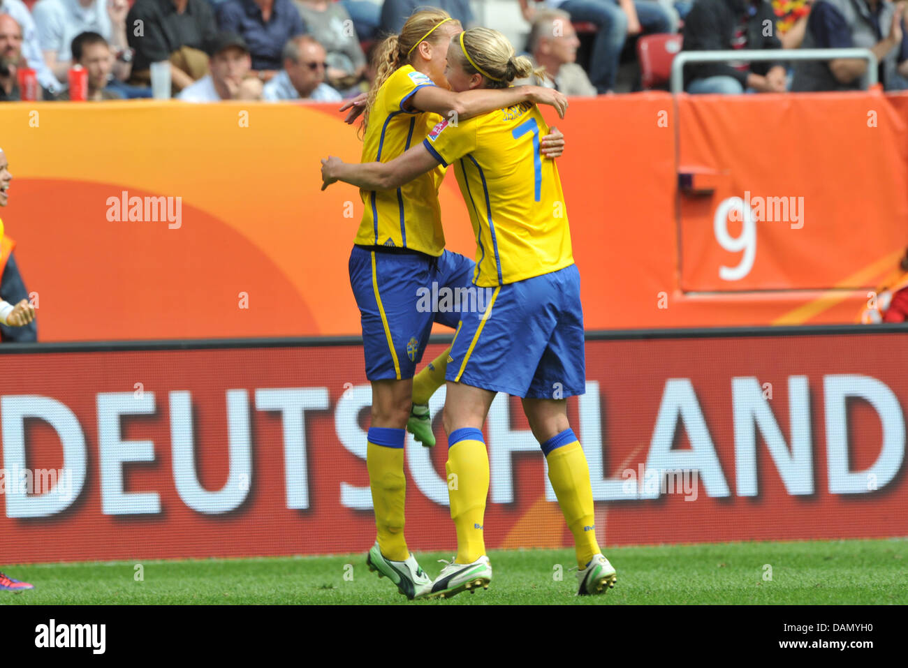 Charlotte Rohlin (r) and Sara Larsson of Sweden celebrate the 1-0 ...
