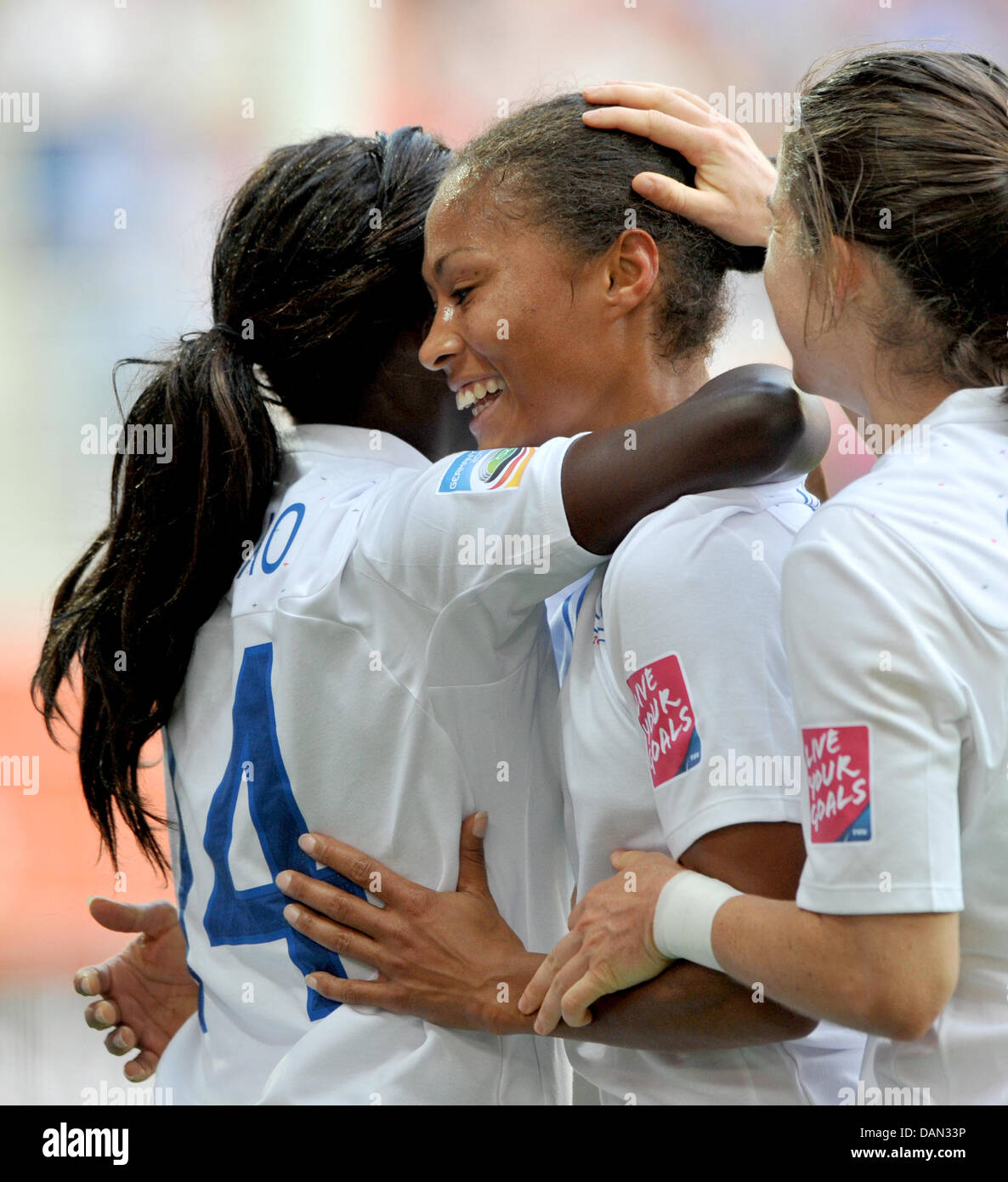 Eniola Aluko (l-r), Rachel Yankey and Karen Carney of England celebrate ...
