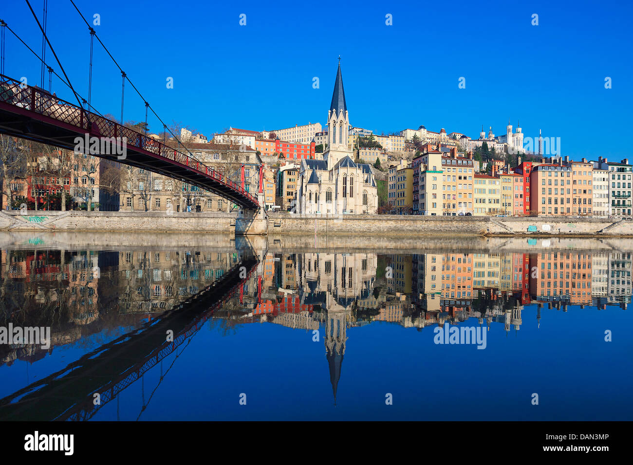 Famous view of Saone river and footbridge in Lyon city, France Stock ...