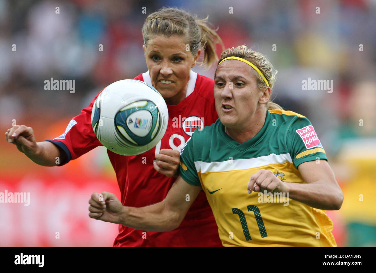 Lisa De Vanna (r) of Australia and Guro Knutsen Mienna (l) of Norway ...