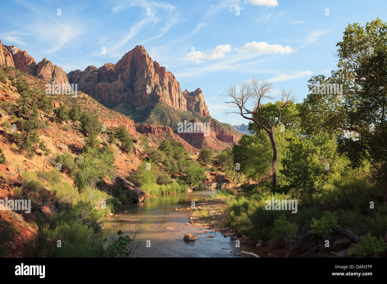 USA, Utah, Zion National Park, Watchman Mountain and Virgin River Stock ...