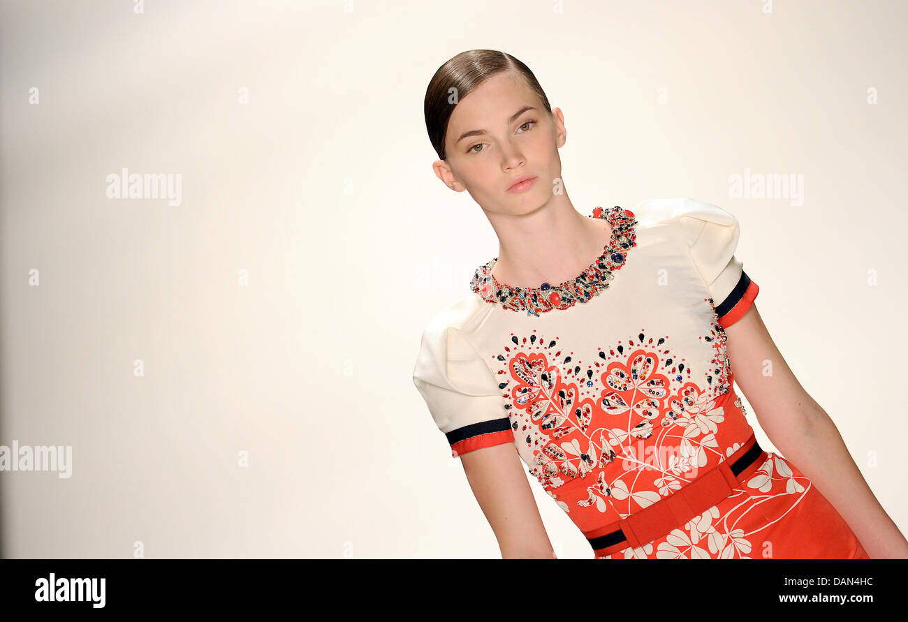 A model presents a creation of Rena Lange fashion label during the ...