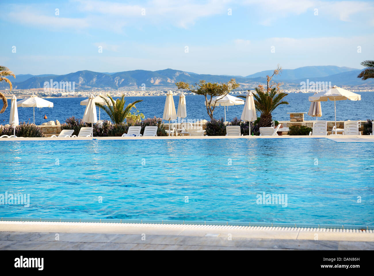 Sea view swimming pool in the luxury hotel, Peloponnes, Greece Stock ...