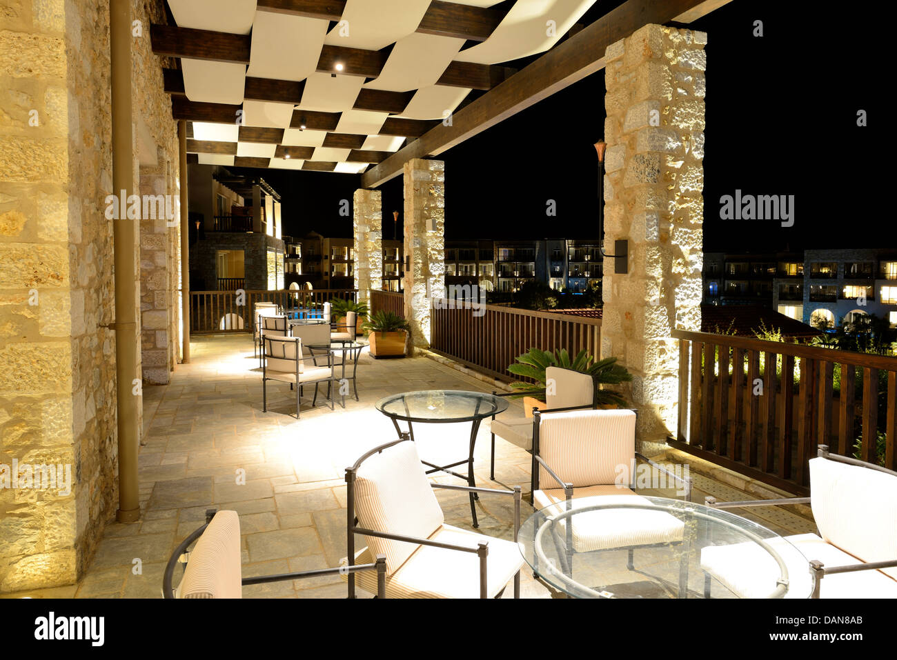 The lobby in luxury hotel in night illumination, Peloponnes, Greece ...