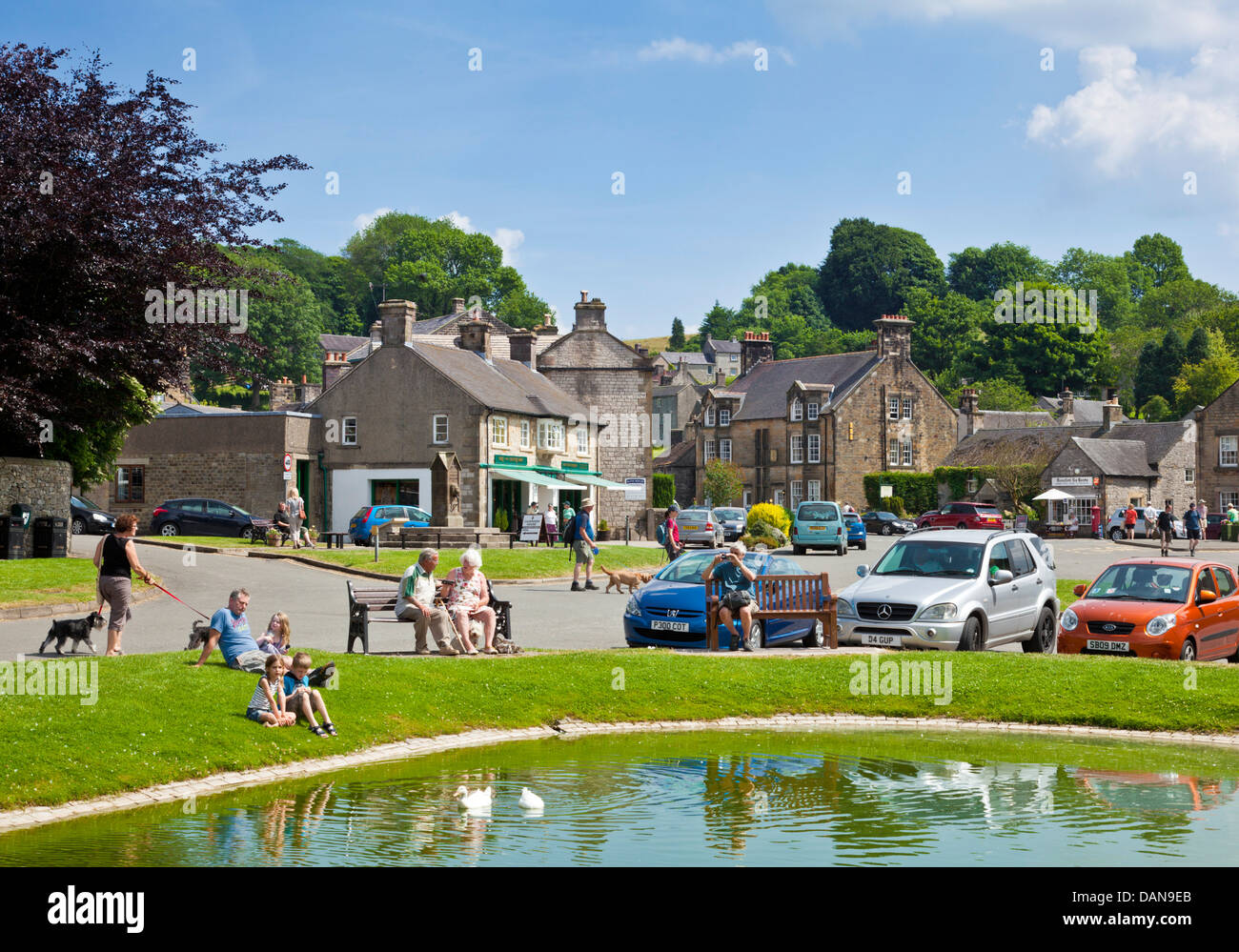 Hartington village centre with duck pond Derbyshire Peak district ...