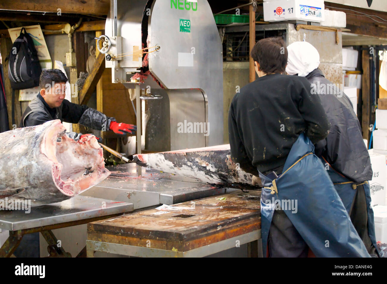 Cutting frozen tuna with a band saw, Tsukiji fish market, Chūō, Tokyo ...