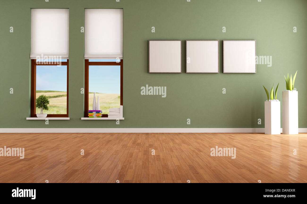 Green empty room with two wooden windows - rendering-the image on ...