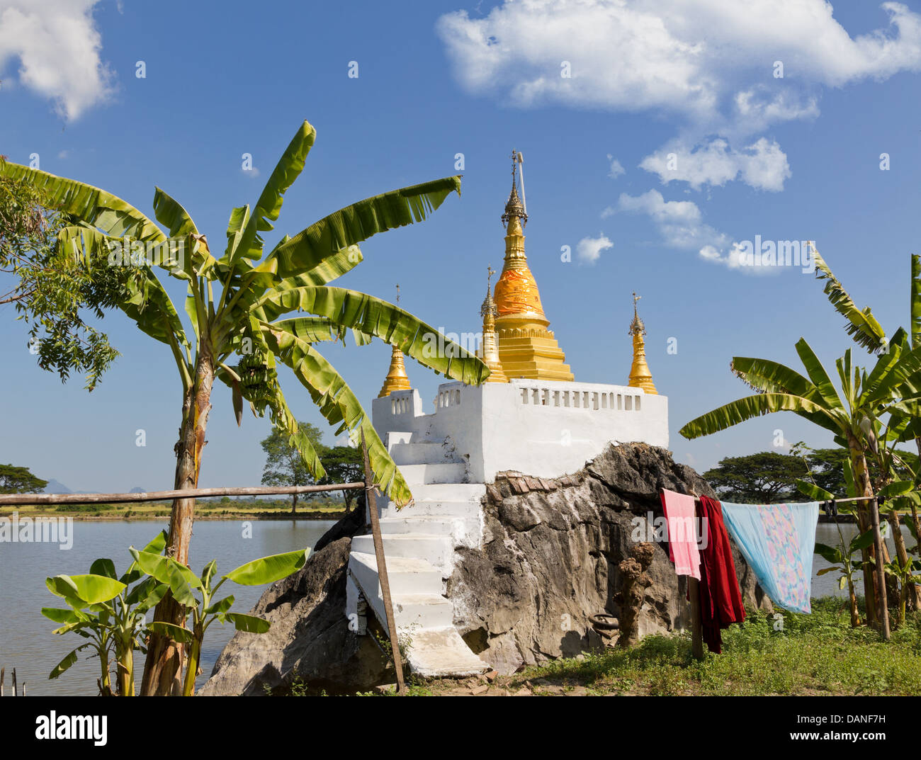 burmese countryside with stupa,palm trees and lake, Hpa An, Burma Stock ...