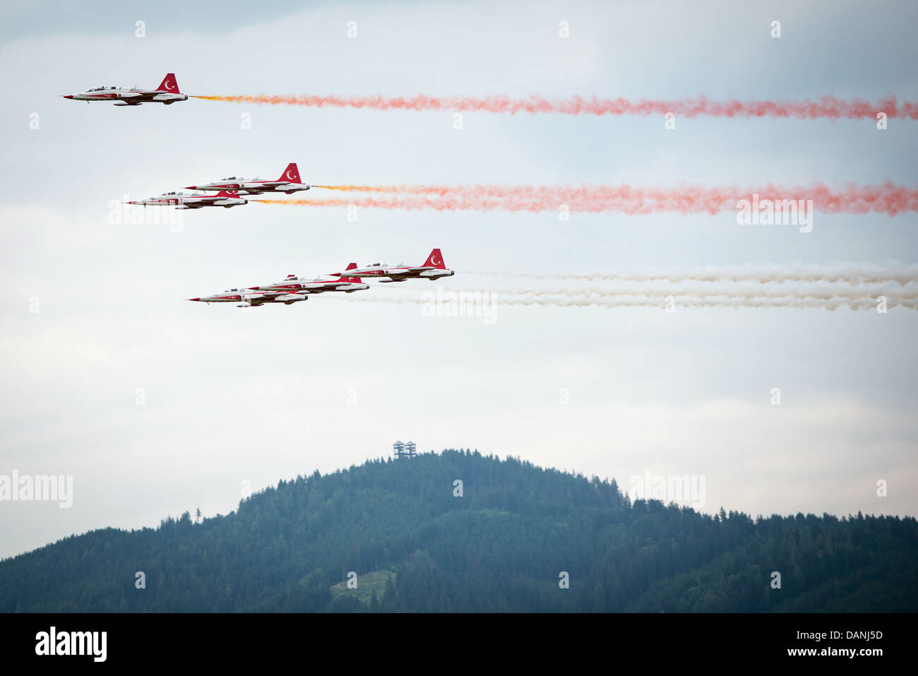 ZELTWEG, AUSTRIA - JUNE 28 2013: Flight show of Turkish Stars display ...