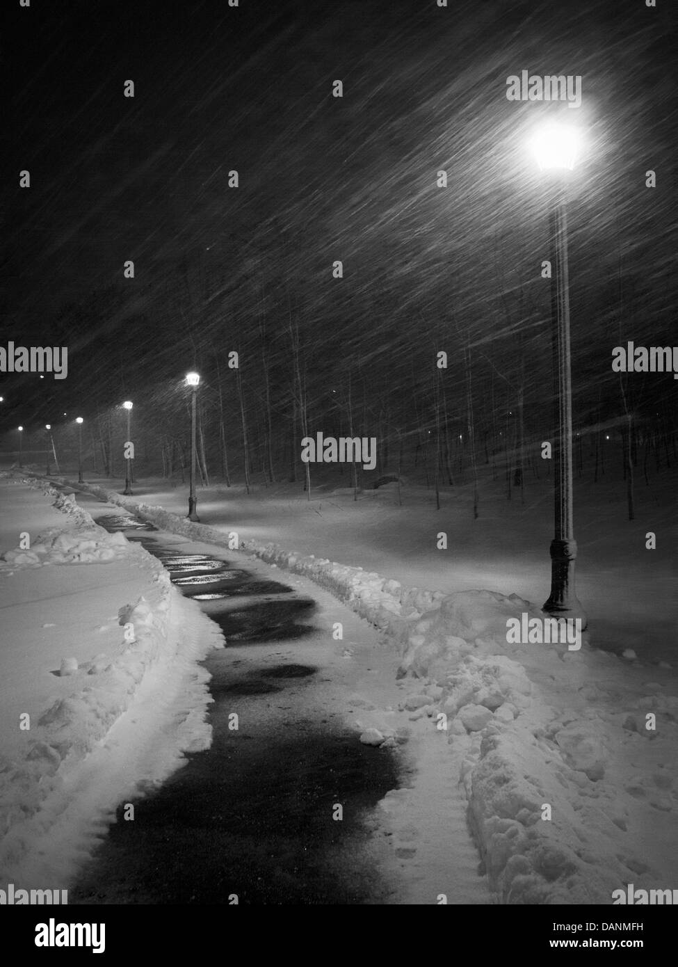 Snow blows across a lighted path at night Stock Photo - Alamy