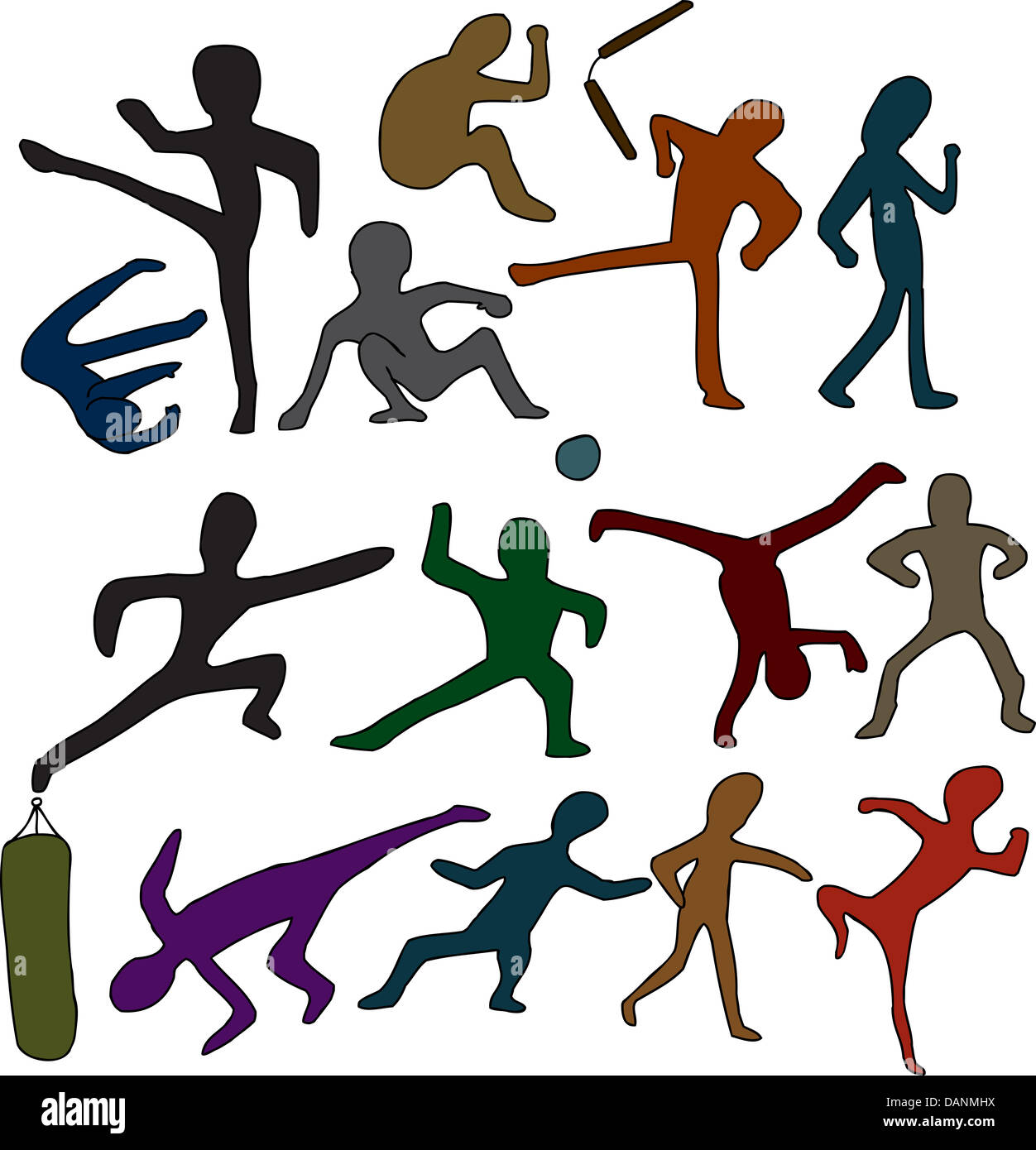 Set of martial arts people and objects over white background Stock ...