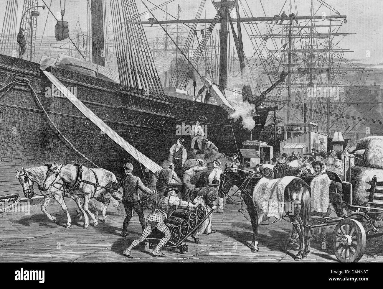 Scene on a New York dock - Stevedores unloading a ship, 1877 Stock ...